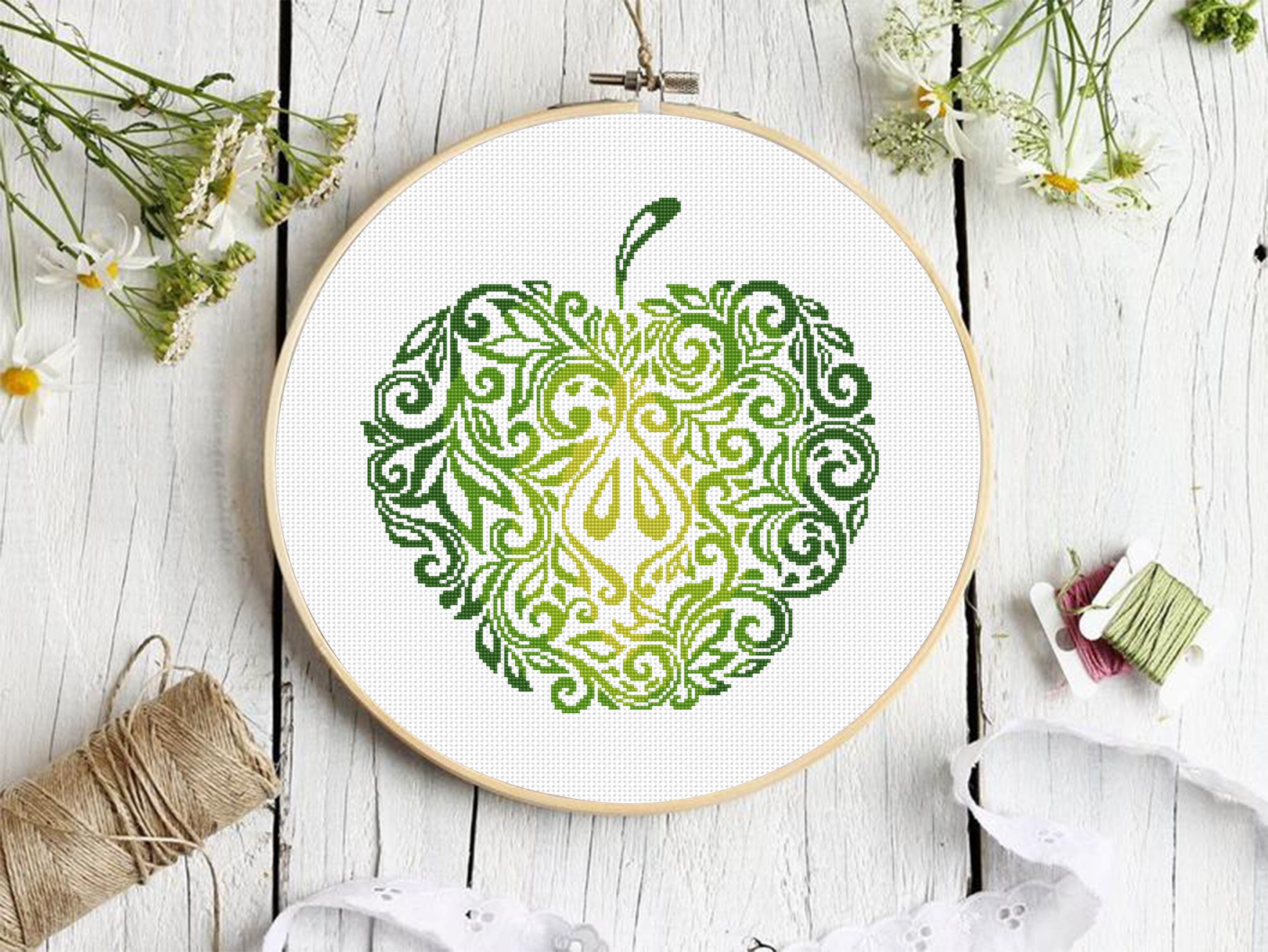 Green Apple Mandala Cross Stitch Pattern PDF Download Fruit - Etsy