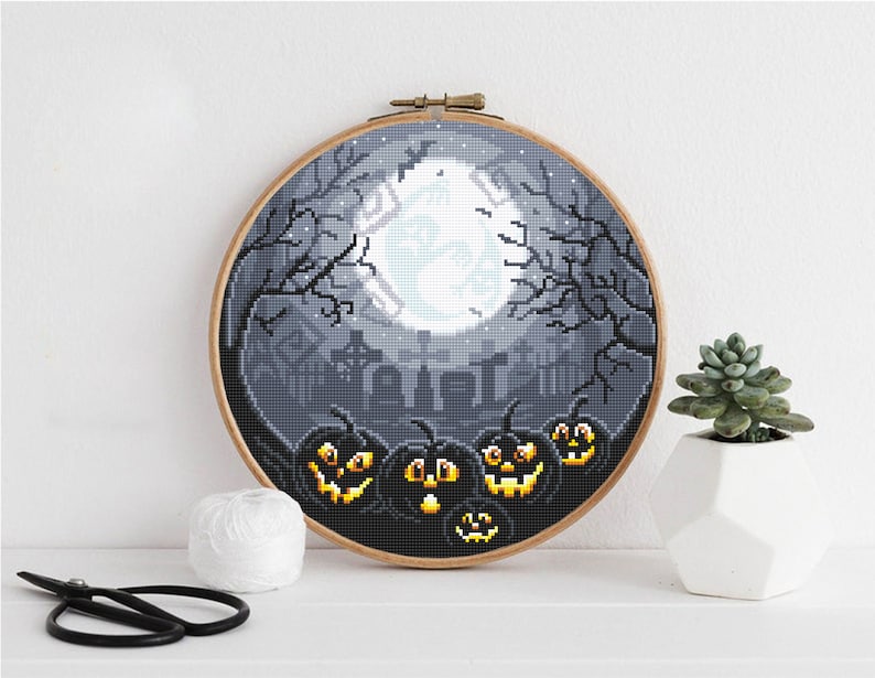 Scary Halloween Cross Stitch Pattern Download PDF, Full Moon Cross ...