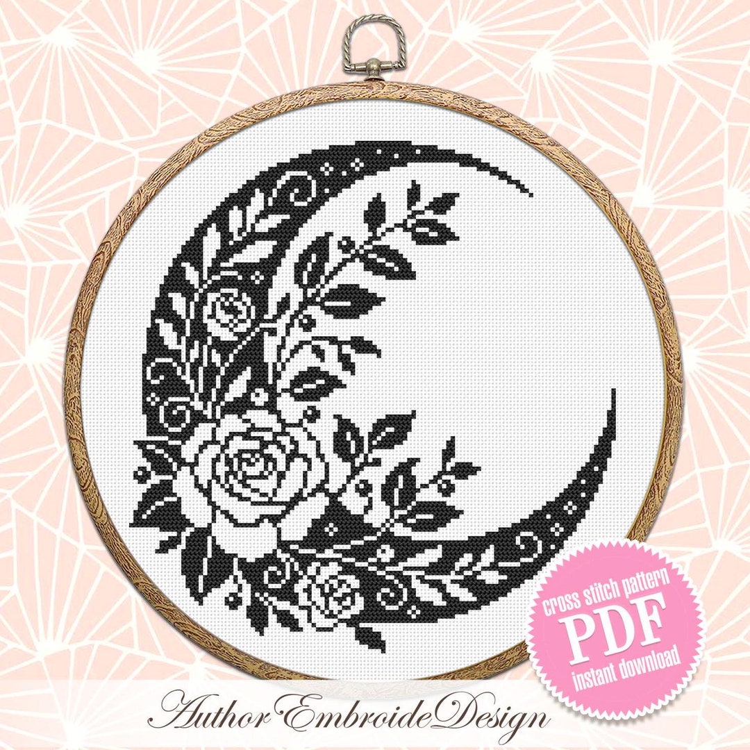 Crescent Moon and Flowers Cross Stitch Pattern PDF Download Floral Moon ...