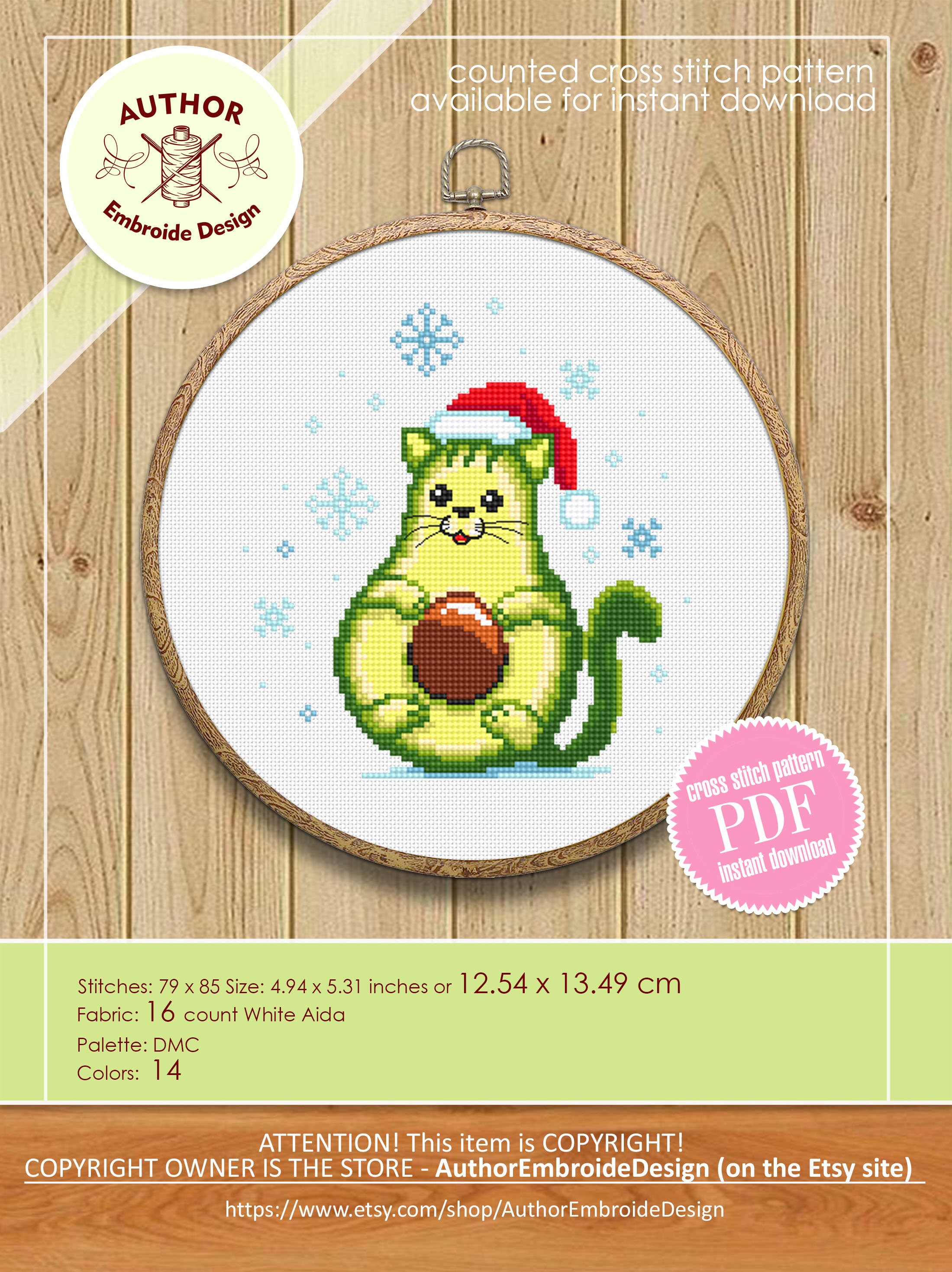 Kawaii Christmas Avocado Cross Stitch Pattern Download PDF, Funny ...