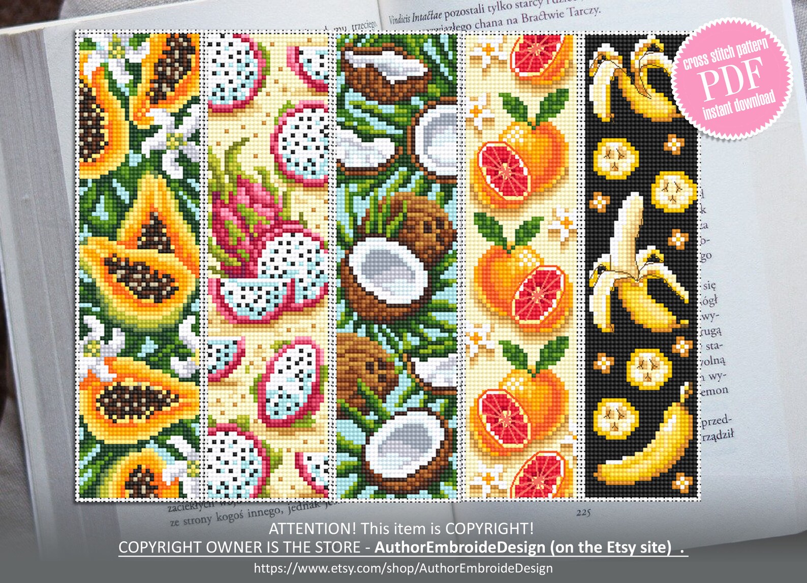 Exotic Fruit Bookmark Set Cross Stitch Pattern Download PDF Summer ...