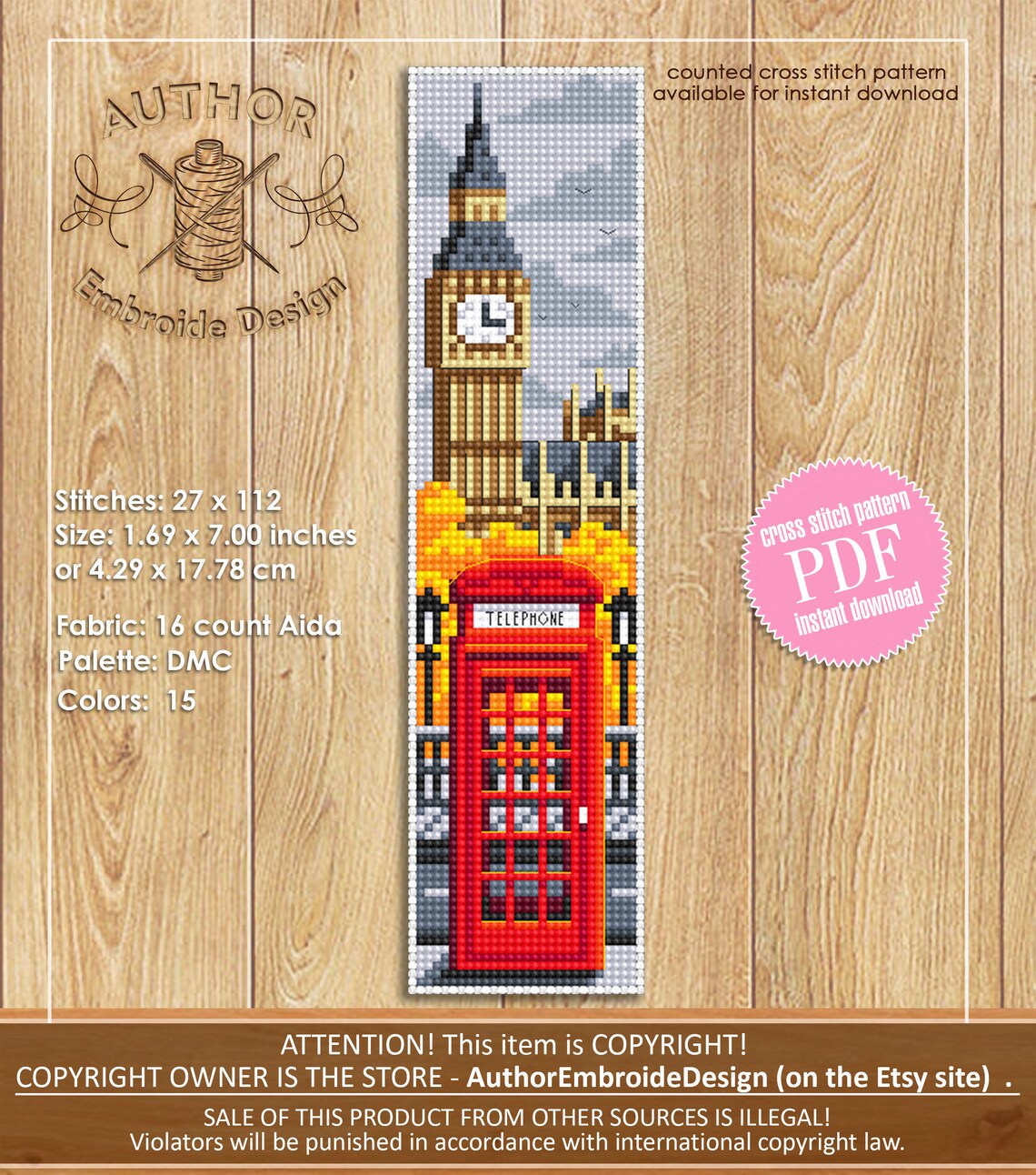 London Bookmark Cross Stitch Pattern PDF Download Red Telephone Box ...