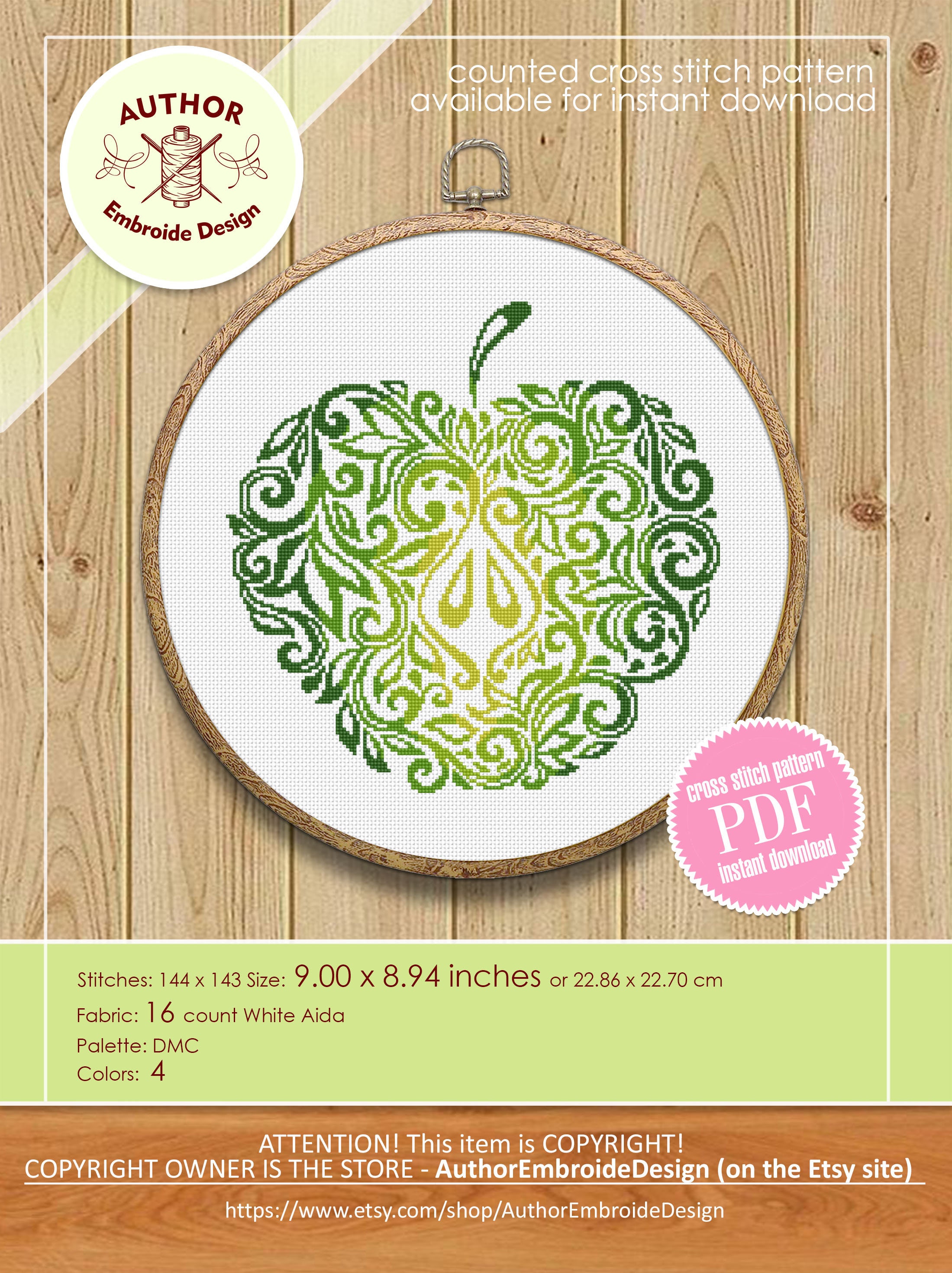 Green Apple Mandala Cross Stitch Pattern PDF Download Fruit - Etsy