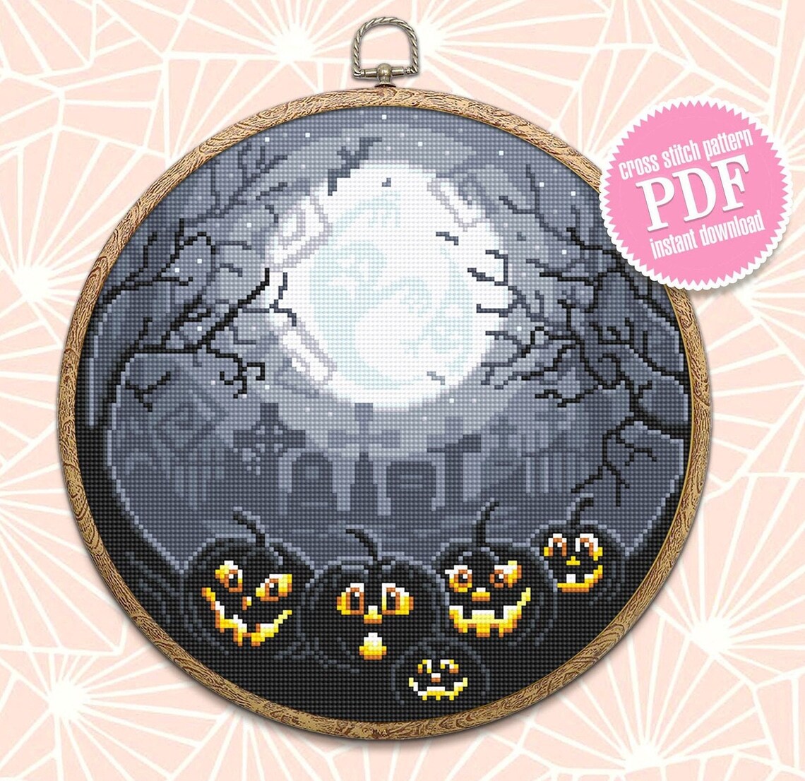 Scary Halloween Cross Stitch Pattern Download PDF, Full Moon Cross ...