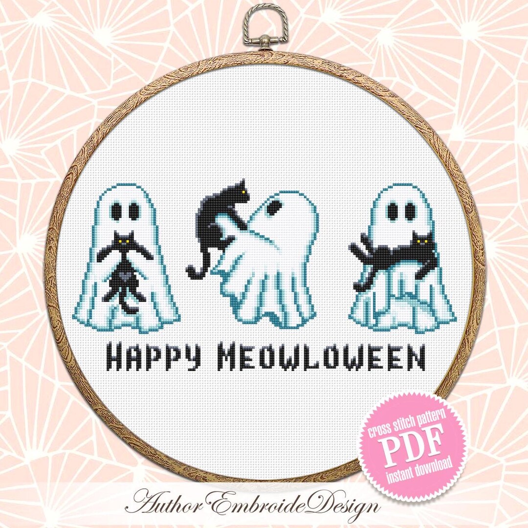 Ghost With Black Cat Cross Stitch Pattern PDF Download Happy Meowloween ...