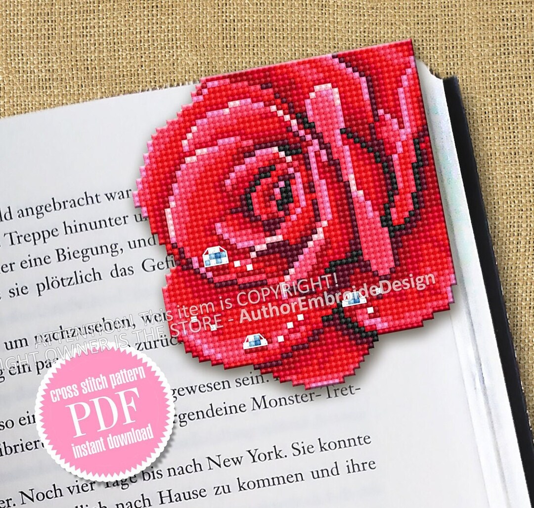 Corner Bookmark Cross Stitch Pattern PDF Download Red Rose Cross Stitch ...