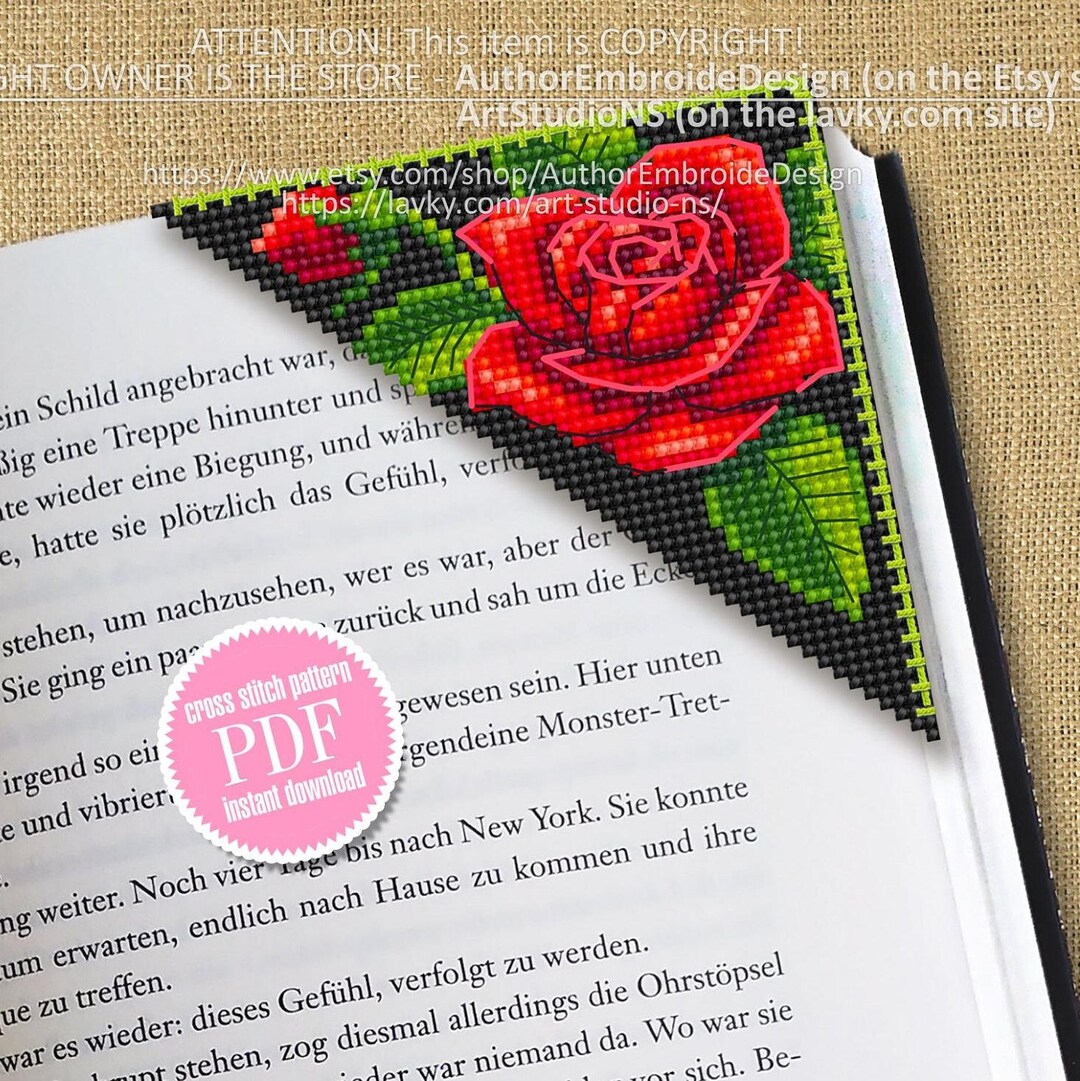 Corner Bookmark Red Rose Cross Stitch Pattern PDF Download Red Flowers ...