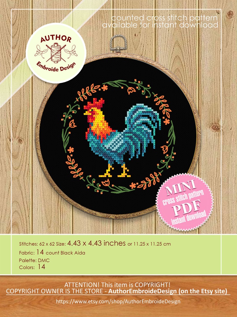 Rooster Cross Stitch Pattern PDF Download Floral Chicken Cross Stitch ...