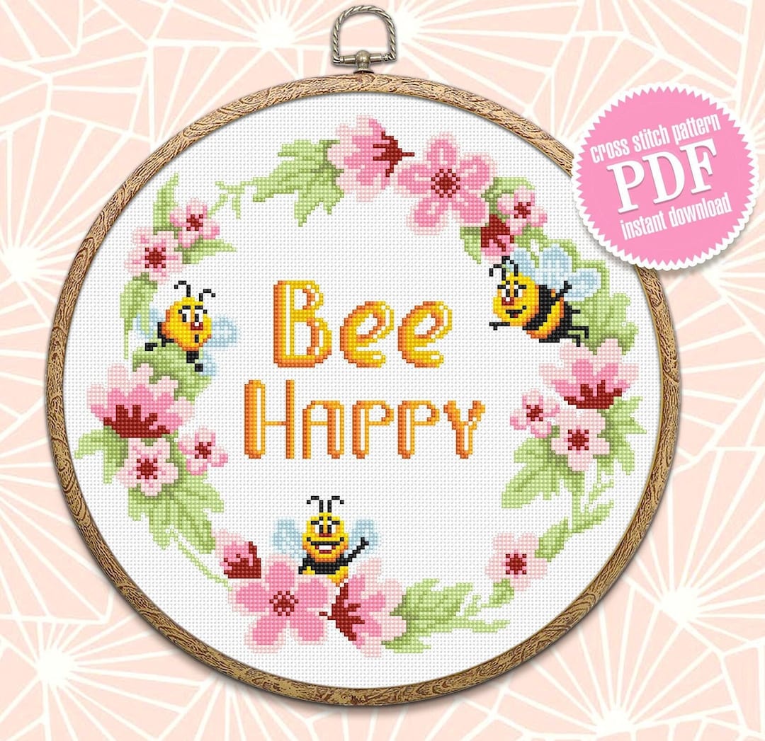 Honey Bee Cross Stitch Pattern Download PDF, Bee Happy Cross Stitch ...