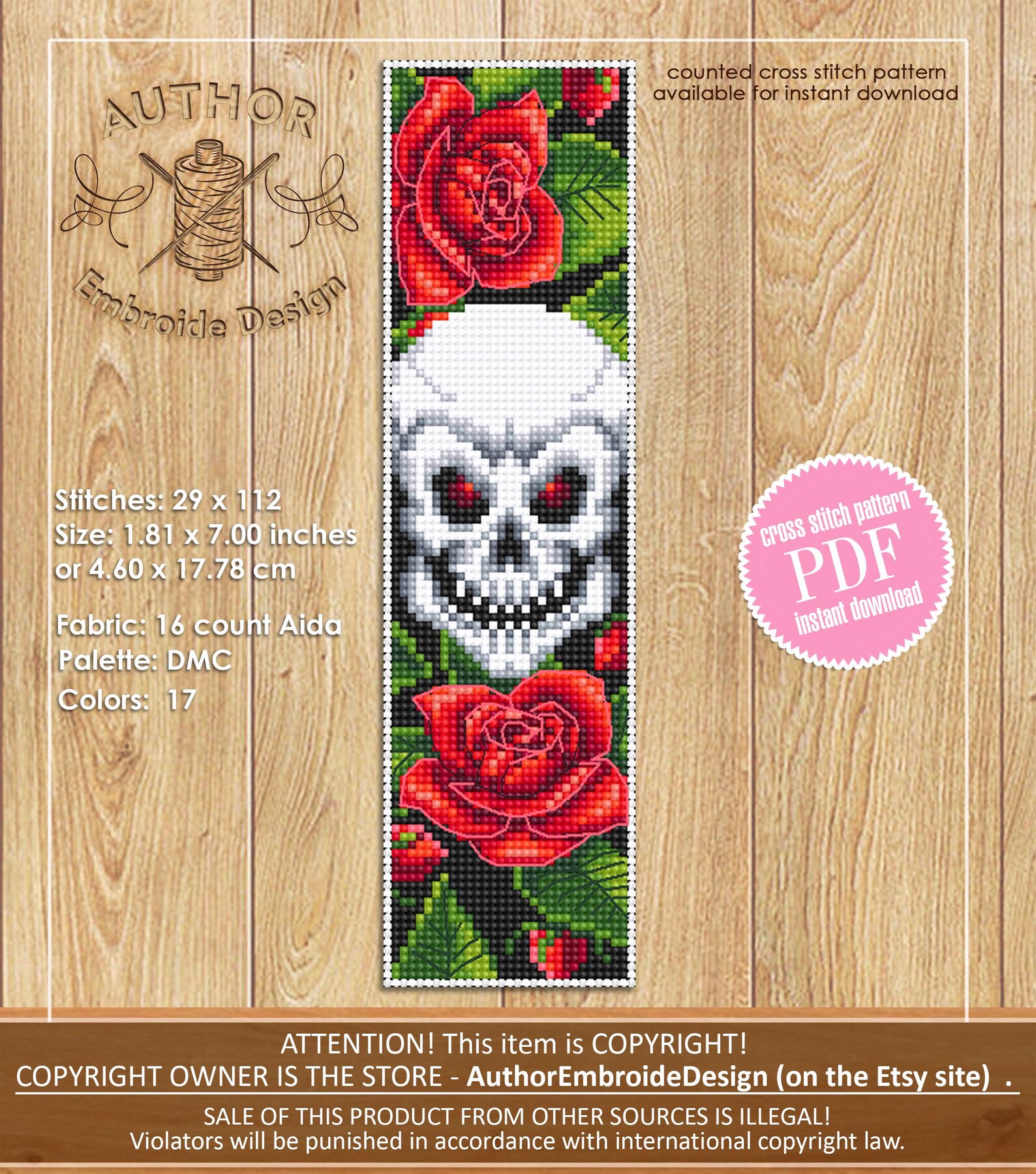 Gothic Bookmark Cross Stitch Pattern PDF Download Skull and Roses Cross ...