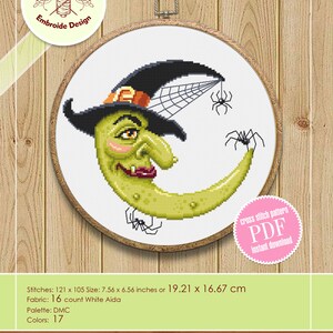 Crescent Moon Witch Cross Stitch Pattern Download PDF, Halloween Moon ...