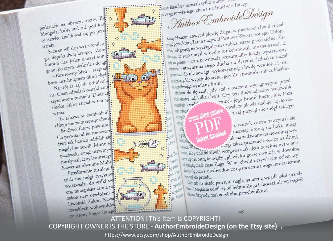 Cat Bookmark Cross Stitch Pattern PDF Download Orange Cat and Fish ...