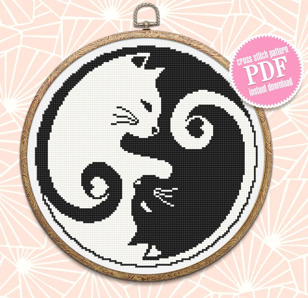 Yin Yang Cat Cross Stitch Pattern Download PDF, Mandala Cat Embroidery ...