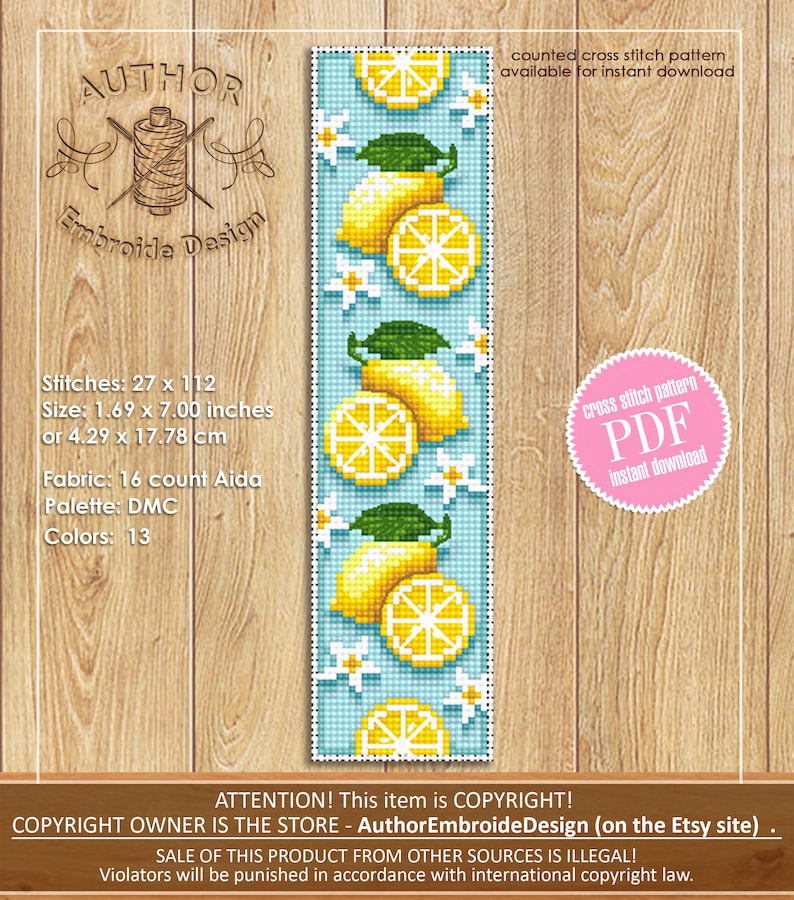Bookmark Lemon Cross Stitch Pattern Download PDF Unique - Etsy