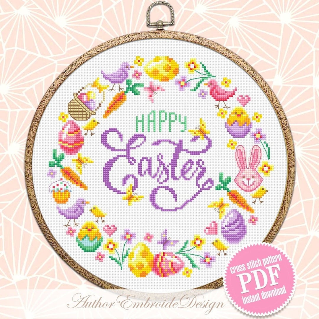 Easter Wreath Cross Stitch Pattern PDF Download Happy Easter Cross ...