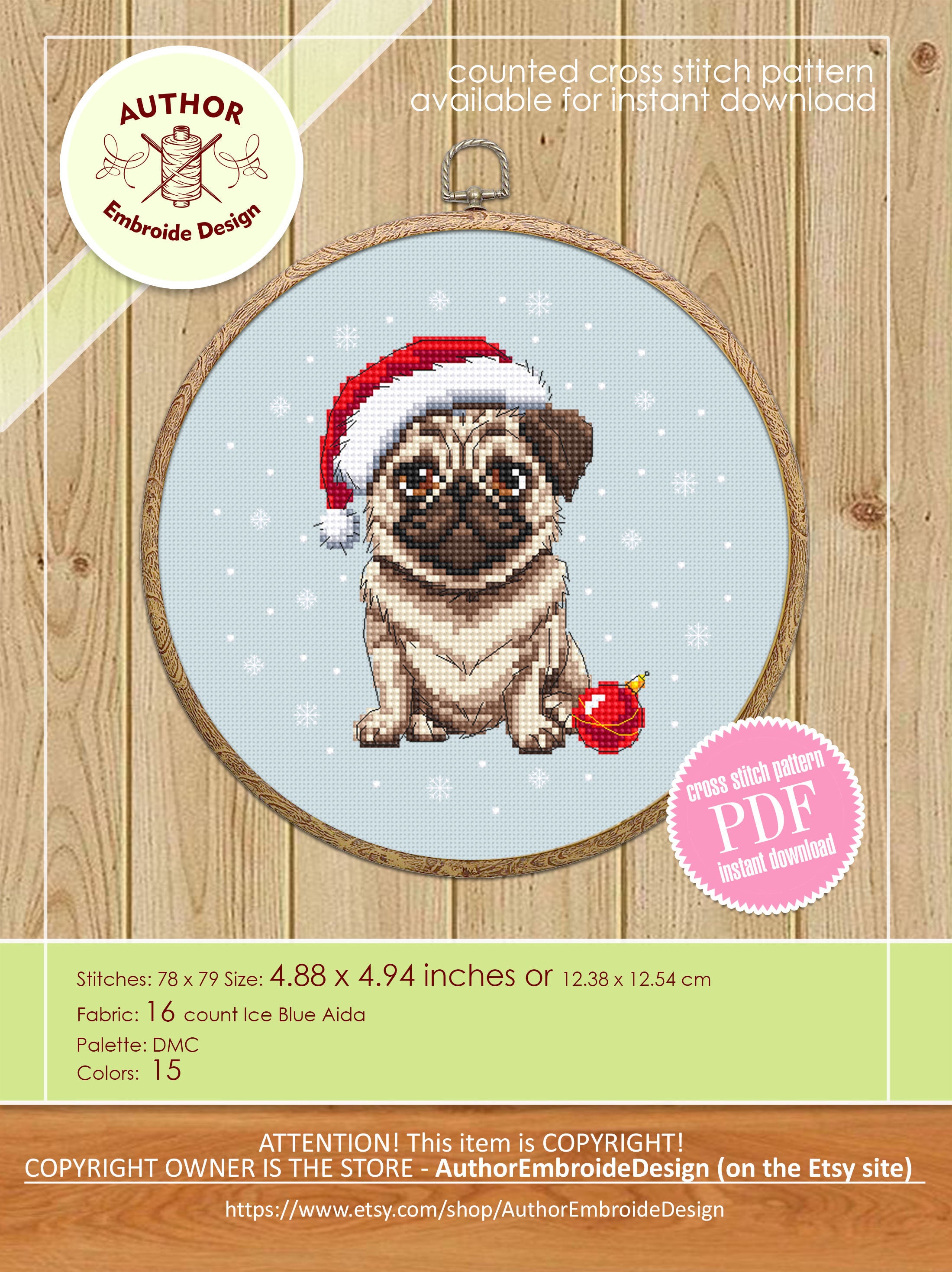 Christmas Pug Dog Cross Stitch Pattern PDF Download Set Pug Christmas ...