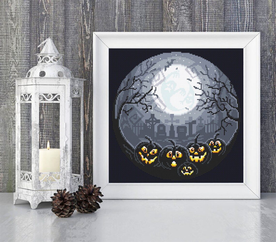 Scary Halloween Cross Stitch Pattern Download PDF, Full Moon Cross ...