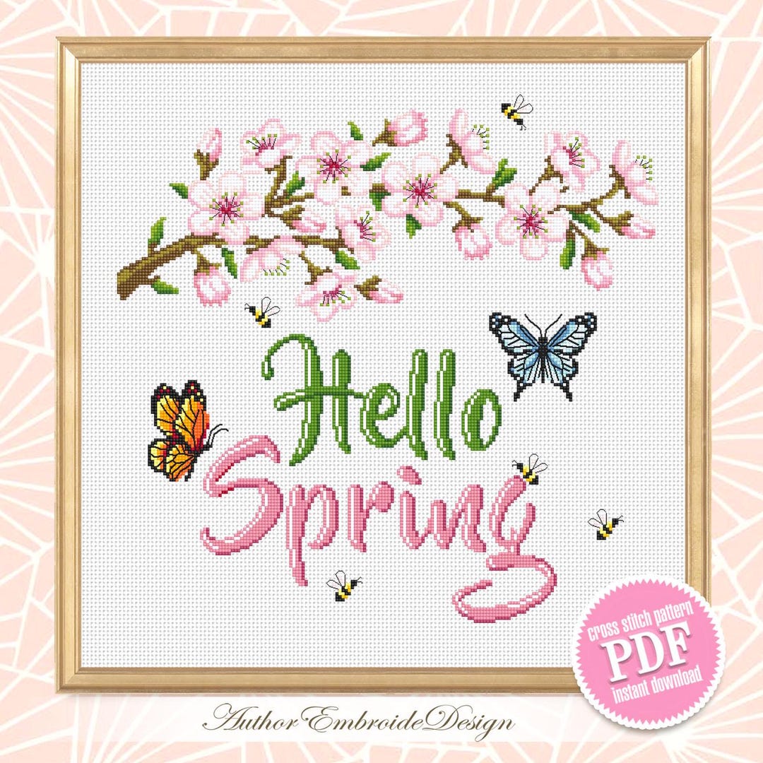 Hello Spring Cross Stitch Pattern PDF Download Cherry Blossom Cross ...