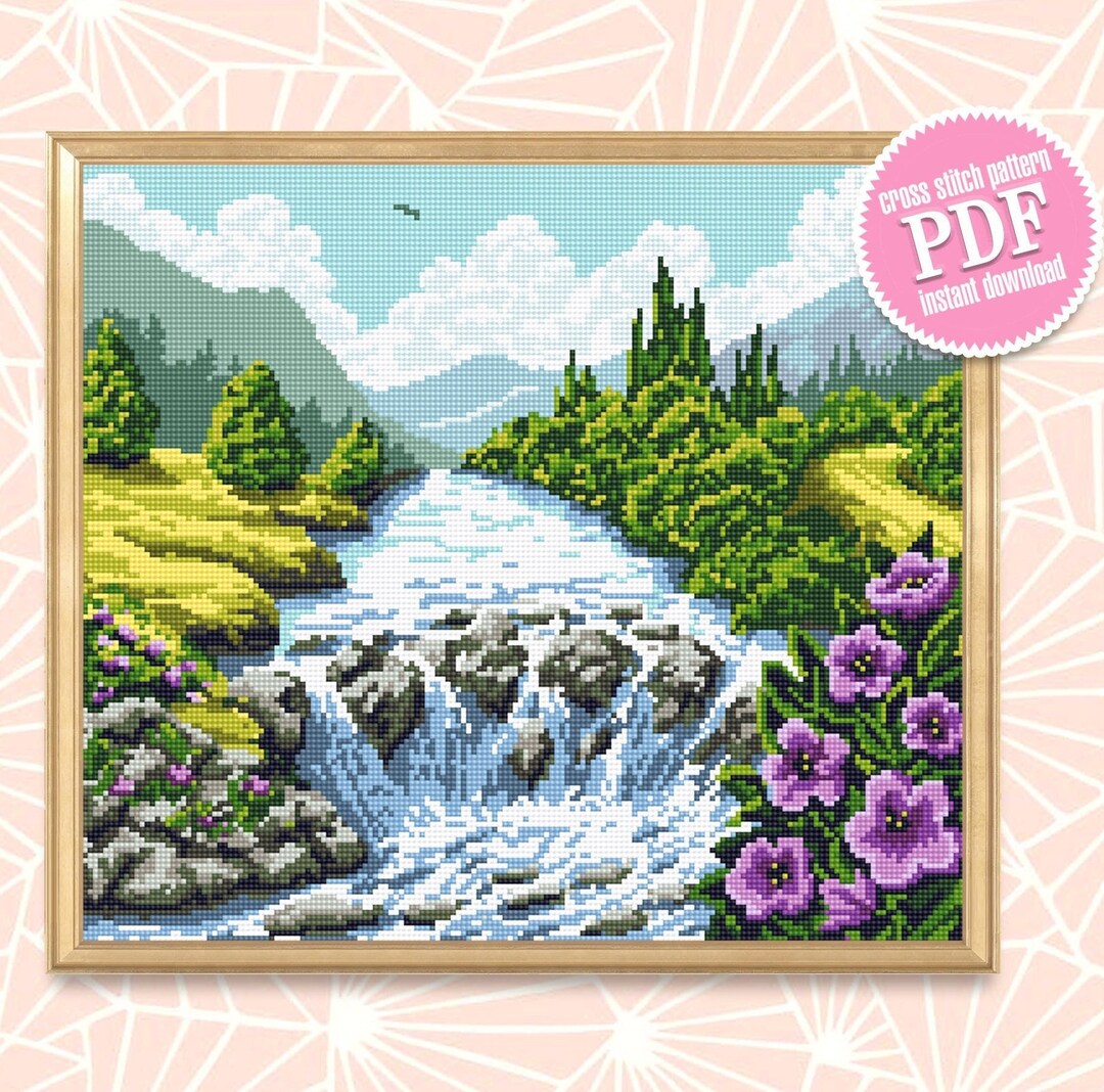 Mountain Waterfall Landscape Cross Stitch Pattern PDF Instant Download ...