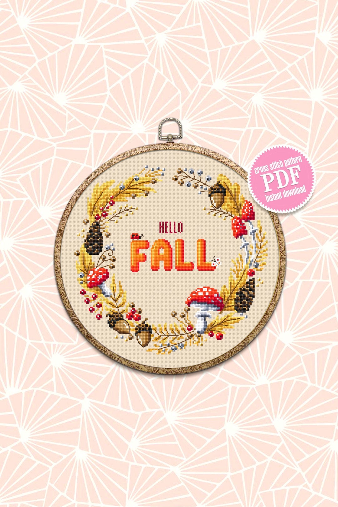 Hello Fall Wreath Cross Stitch Pattern Download PDF Magic - Etsy