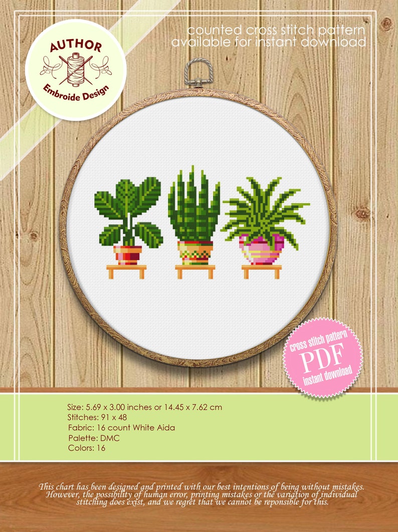 Potted Plants Cross Stitch Pattern Download PDF, Small Floral Cross ...