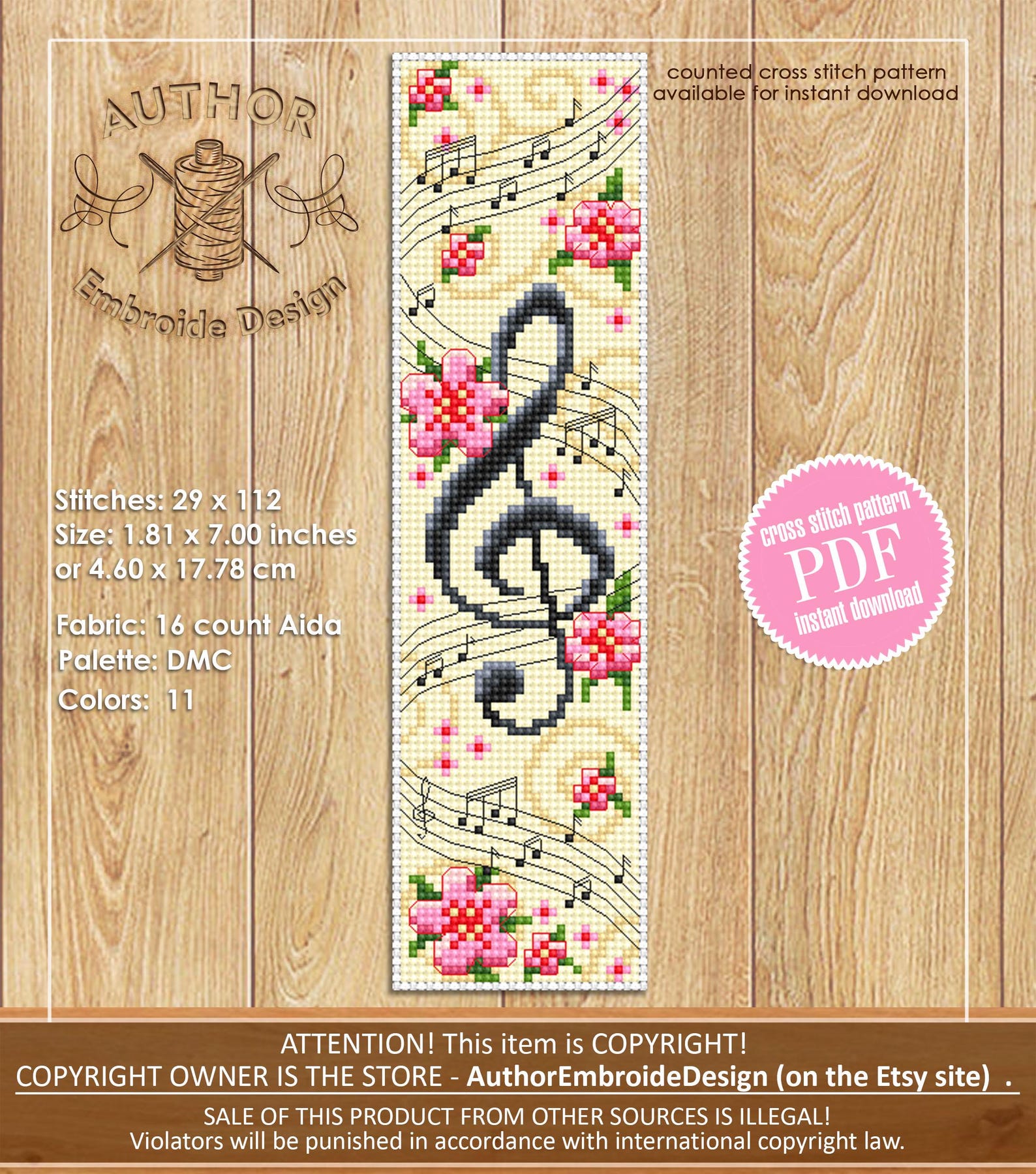 Music Bookmark Cross Stitch Pattern PDF Download Treble Clef Cross ...