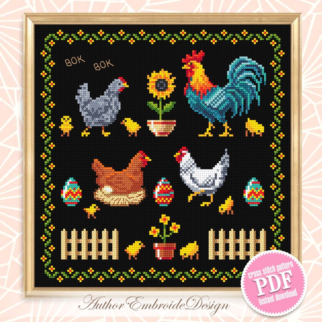 Rooster and Chicken Sampler Cross Stitch Pattern PDF Download, Easter Sampler Pattern Digital ...