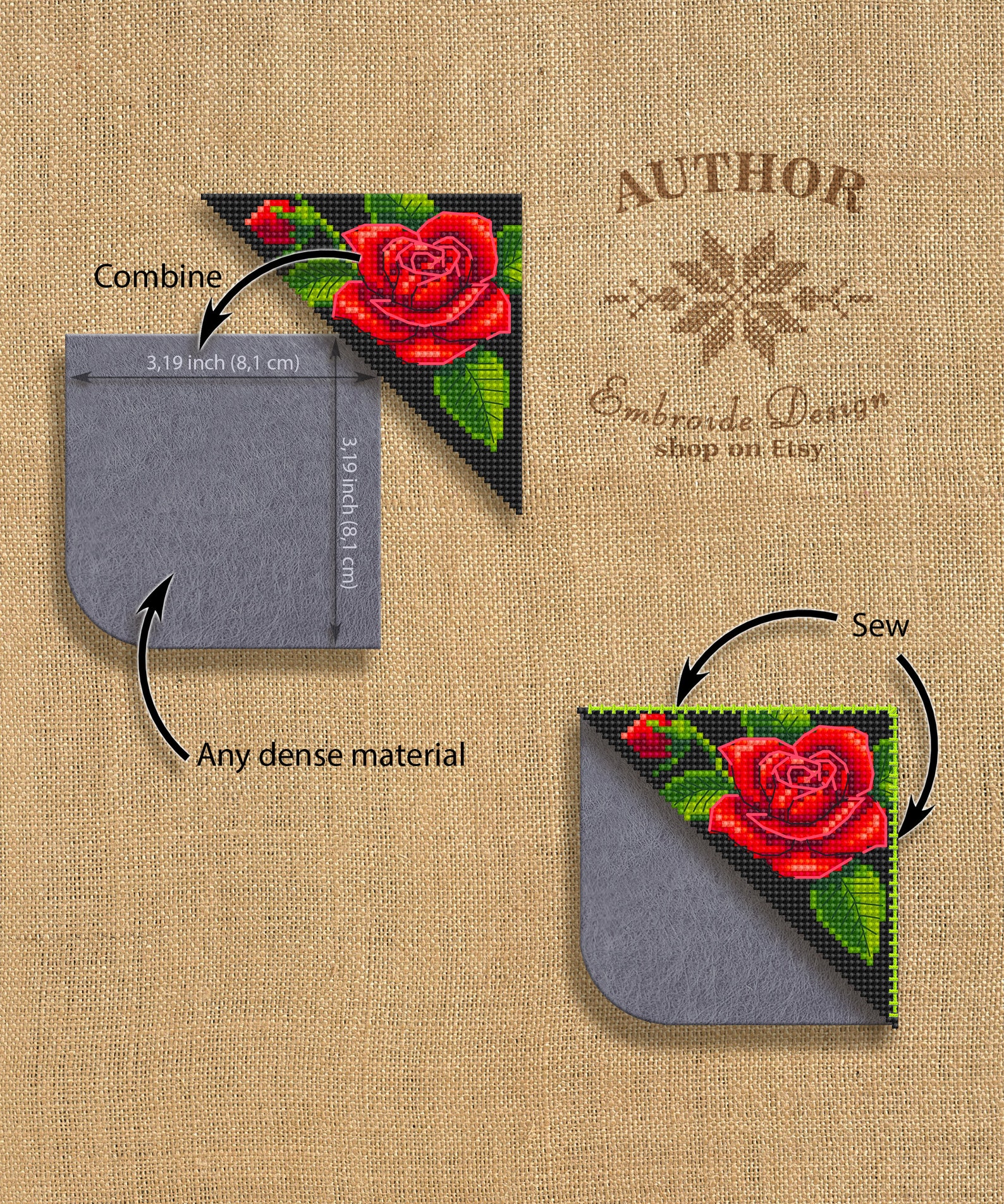 Corner Bookmark Red Rose Cross Stitch Pattern PDF Download Red Flowers ...