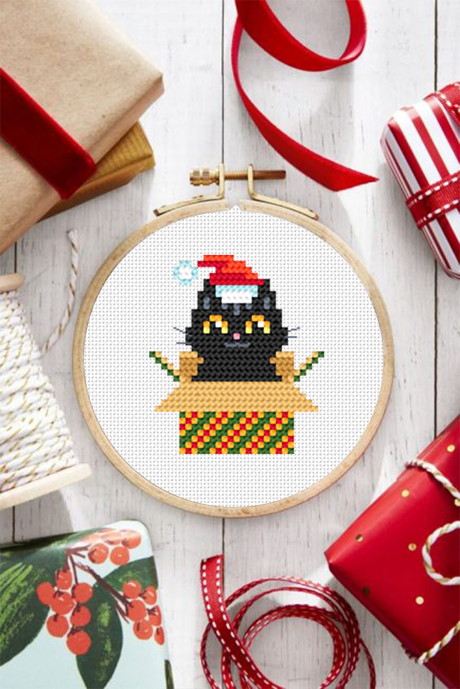 Set Christmas Cats Cross Stitch Pattern Download PDF, Cute Black Cat ...