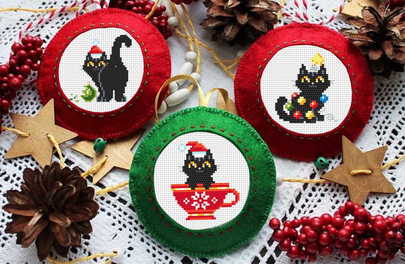 Set Christmas Cats Cross Stitch Pattern Download PDF, Cute Black Cat ...