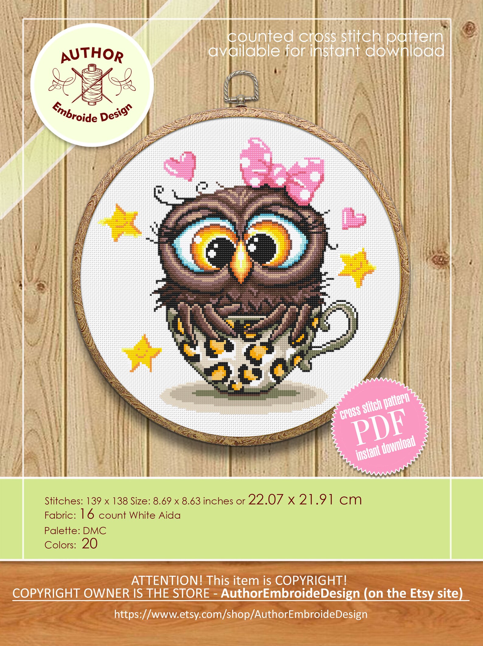 Cute Owl Cross Stitch Pattern Digital PDF Leopard Print Cup | Etsy