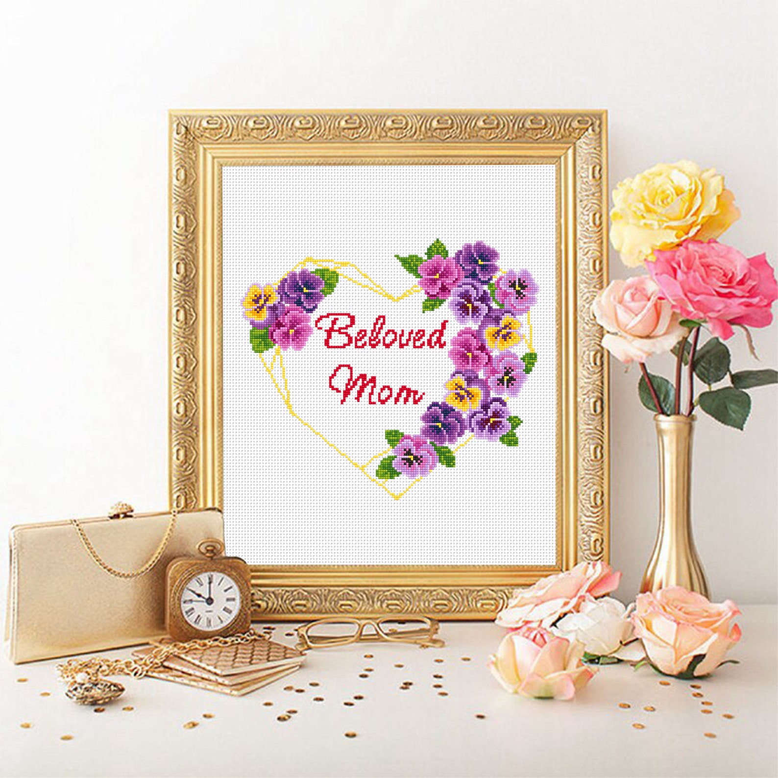 Floral Heart Frame Cross Stitch Pattern PDF Download Beloved Mom Cross ...