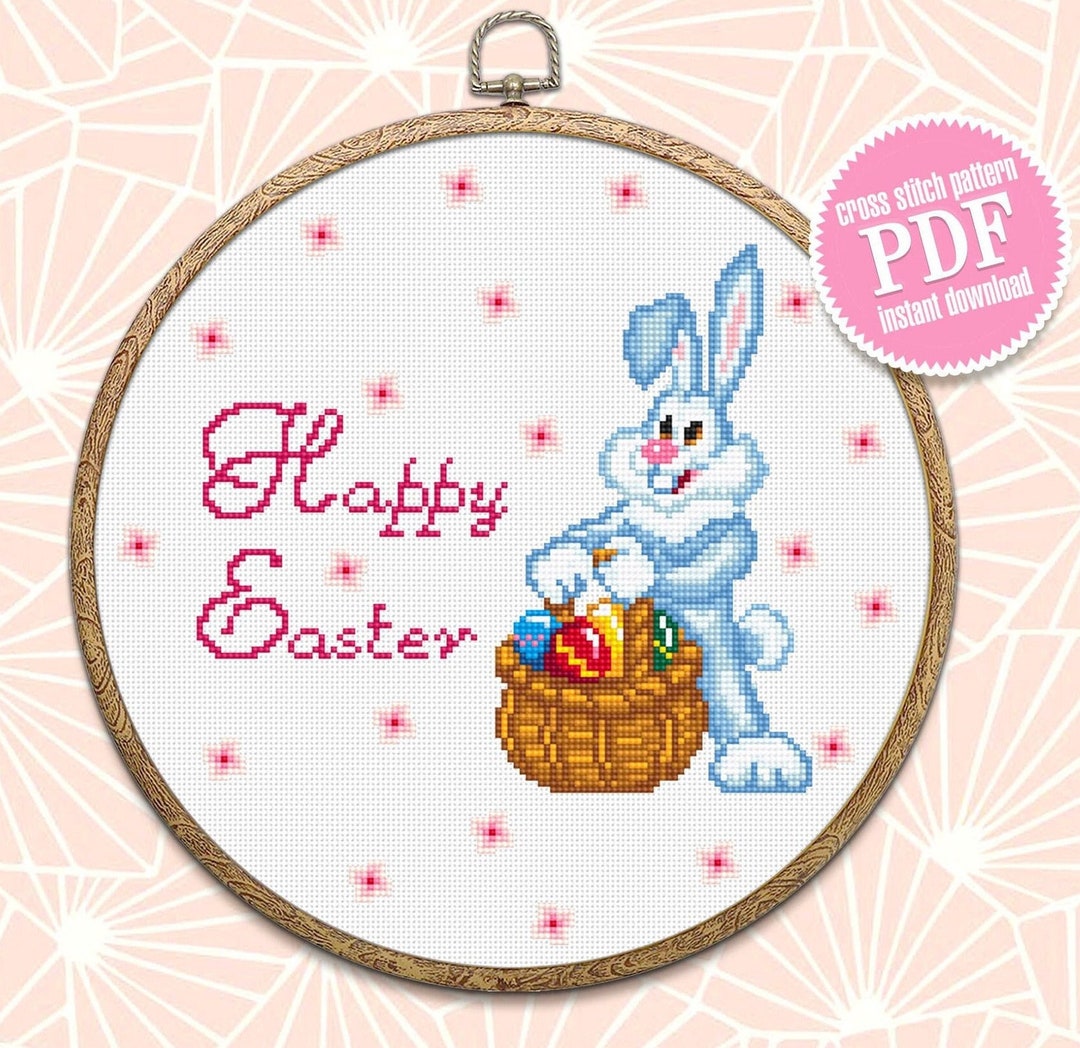 Easter Bunny Basket Cross Stitch Pattern Download PDF Cute Rabbit Cross ...