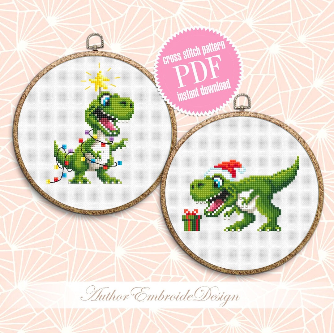 Funny Dinosaur Christmas Cross Stitch Pattern PDF Download, Set of 2 ...