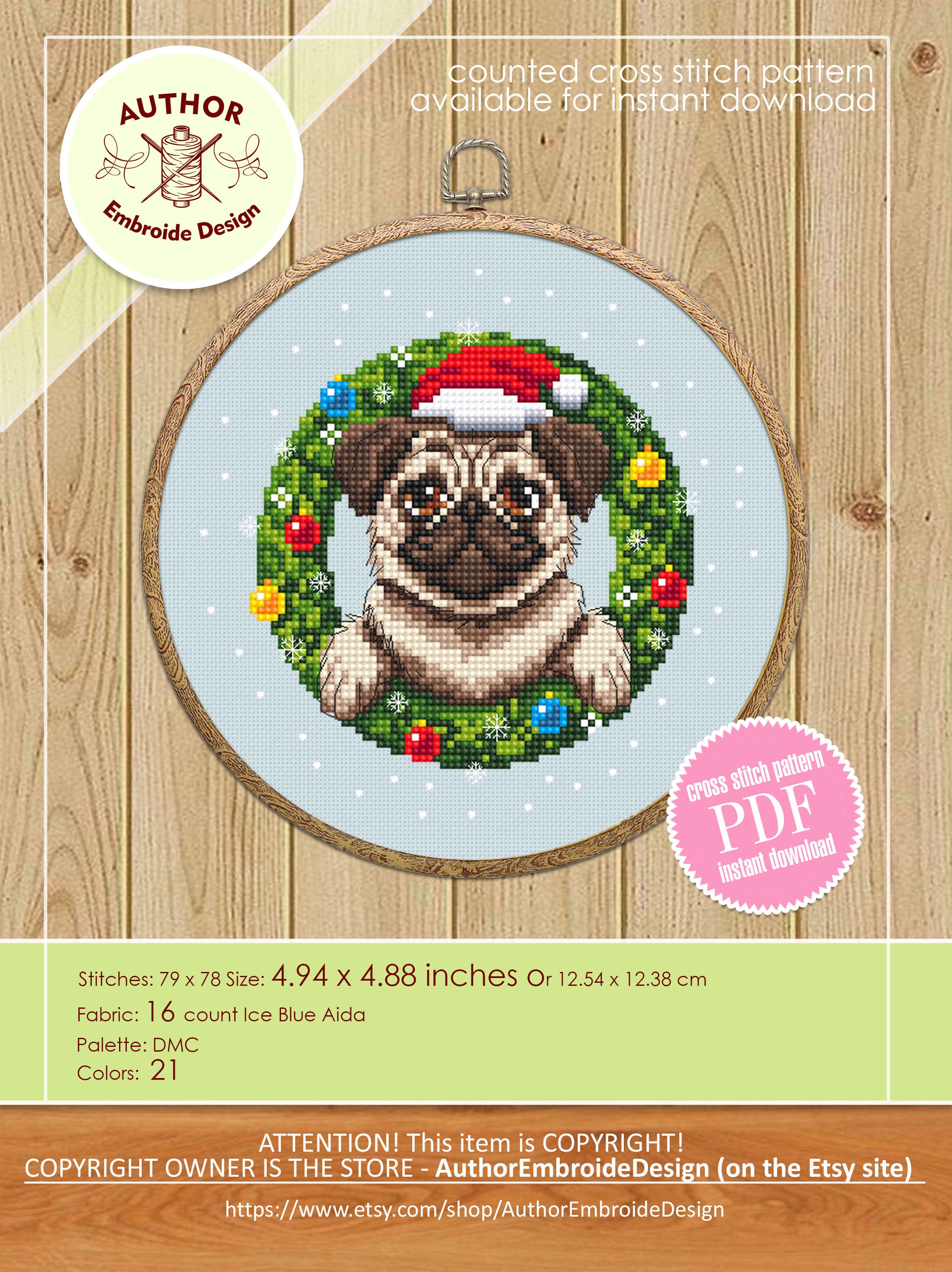 Christmas Pug Dog Cross Stitch Pattern PDF Download Set Pug Christmas ...