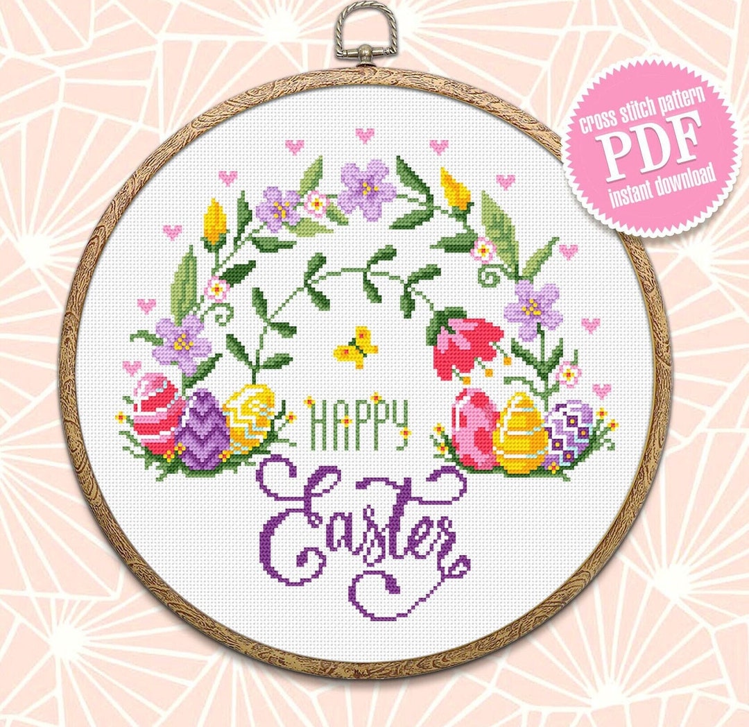 Happy Easter Cross Stitch Pattern PDF Floral Rainbow Cross Stitch Chart ...