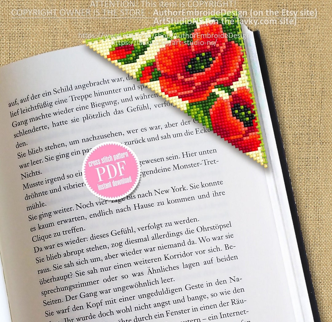 Corner Bookmark Poppies Cross Stitch Pattern PDF Download Red Poppy ...