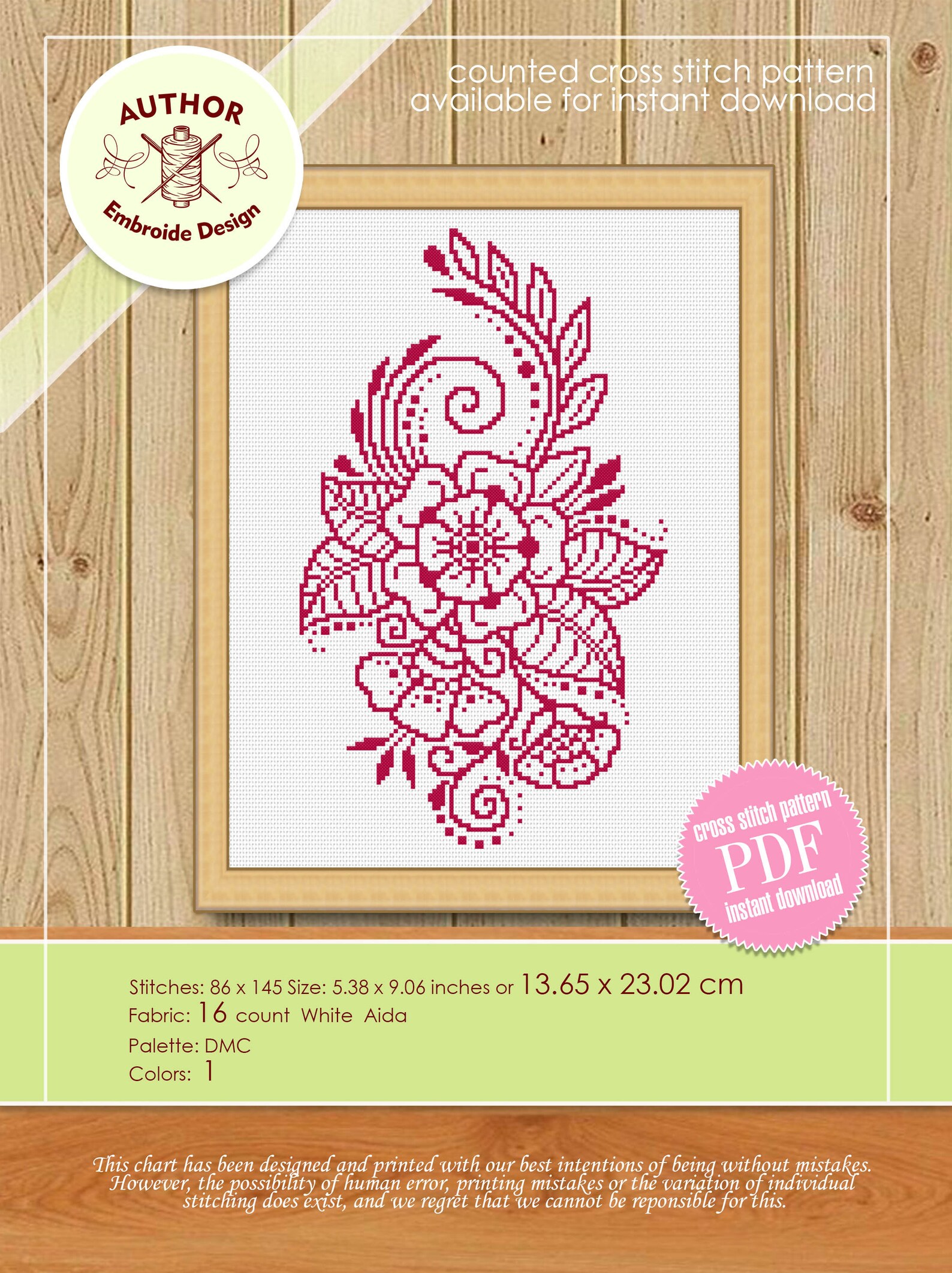 Monochrome Floral Cross Stitch Pattern Download PDF Flower - Etsy