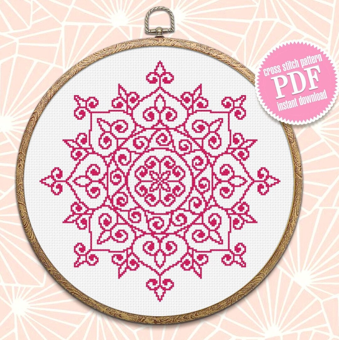 Easy Mandala Cross Stitch Pattern Download PDF Monochrome Floral Ornament Cross Stitch Chart ...