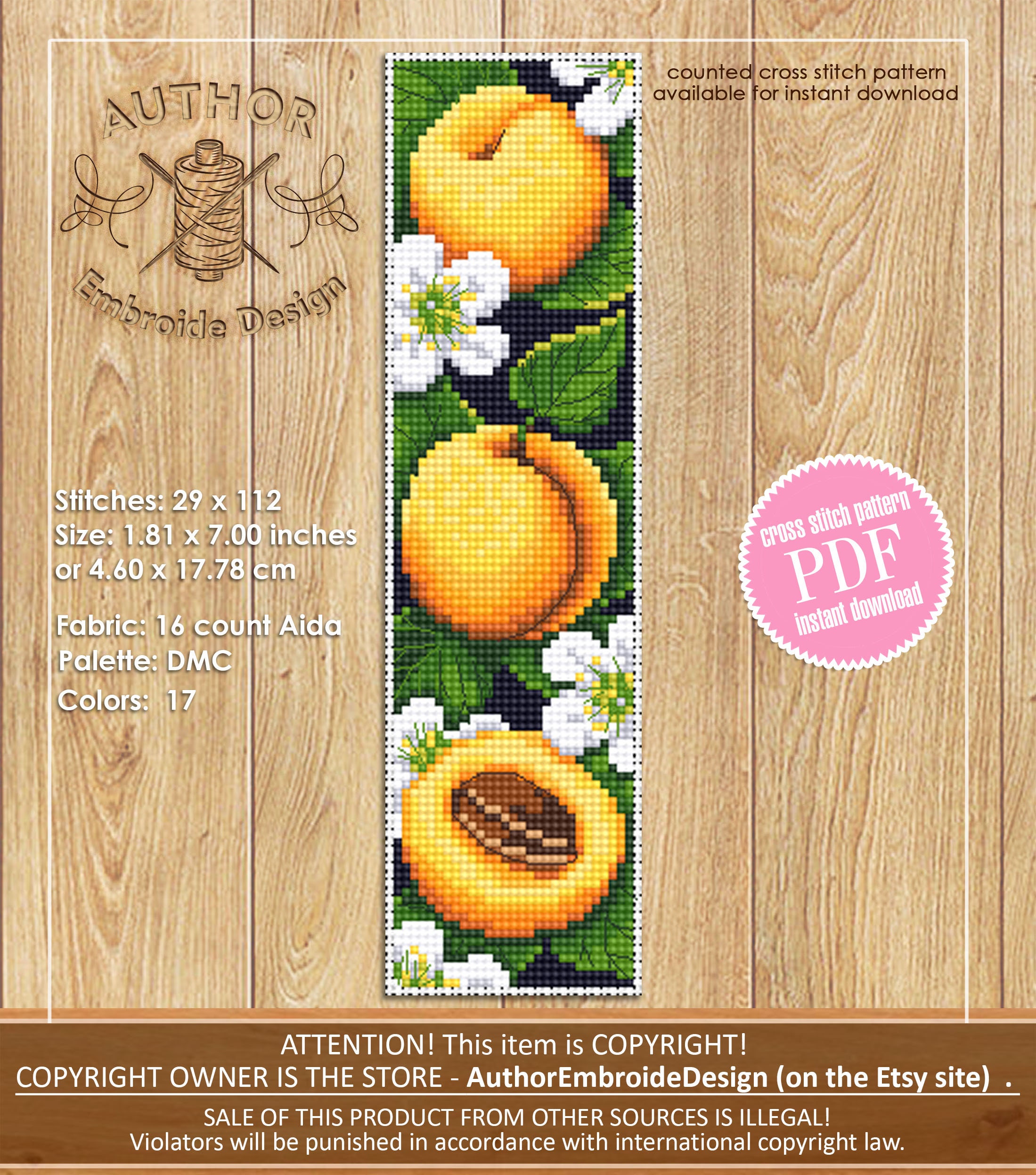 Apricot Bookmark Cross Stitch Pattern Download PDF Summer Fruit Cross ...