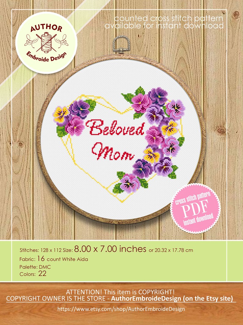 Floral Heart Frame Cross Stitch Pattern PDF Download Beloved Mom Cross ...