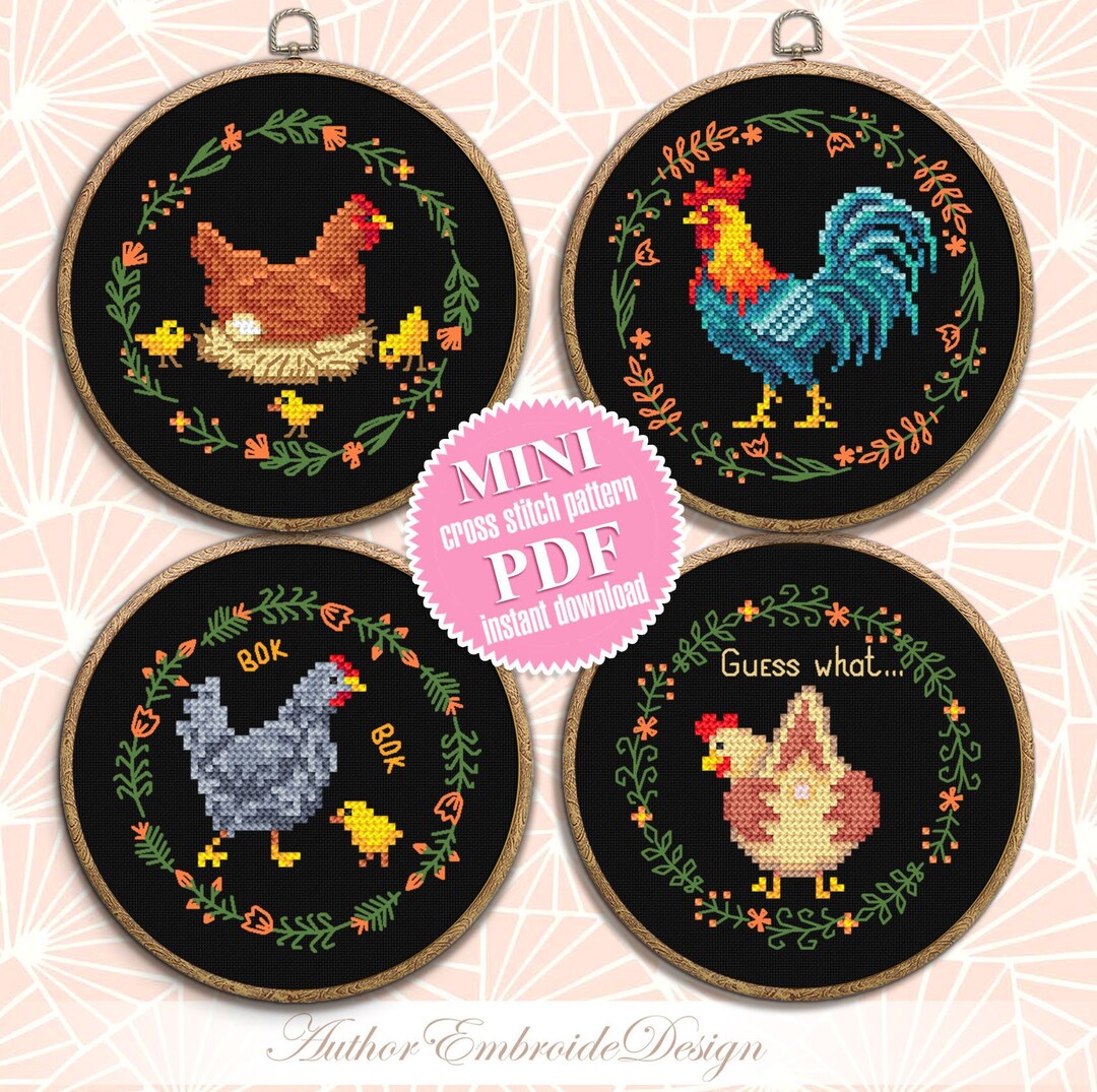 Funny Chicken Cross Stitch Pattern PDF Download Set of 4 Small Hen ...