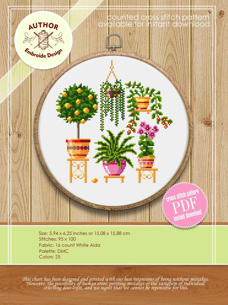 Potted Plants Cross Stitch Pattern Download PDF Floral Cross Stitch ...