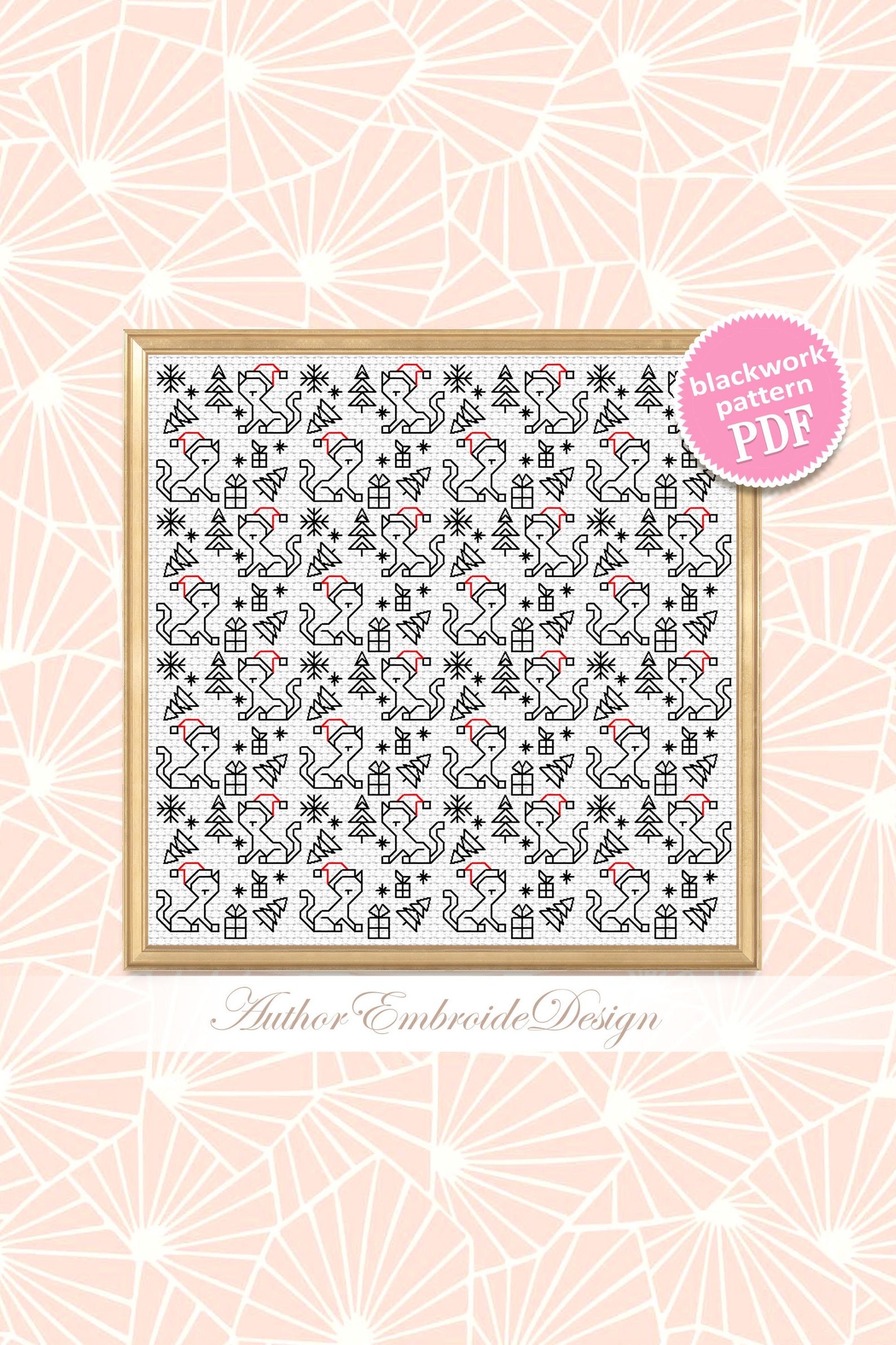 Cat Geometric Blackwork Pattern PDF Easy Christmas Seamless - Etsy