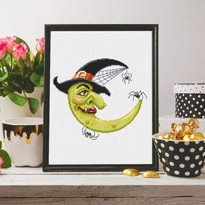 Crescent Moon Witch Cross Stitch Pattern Download PDF, Halloween Moon ...