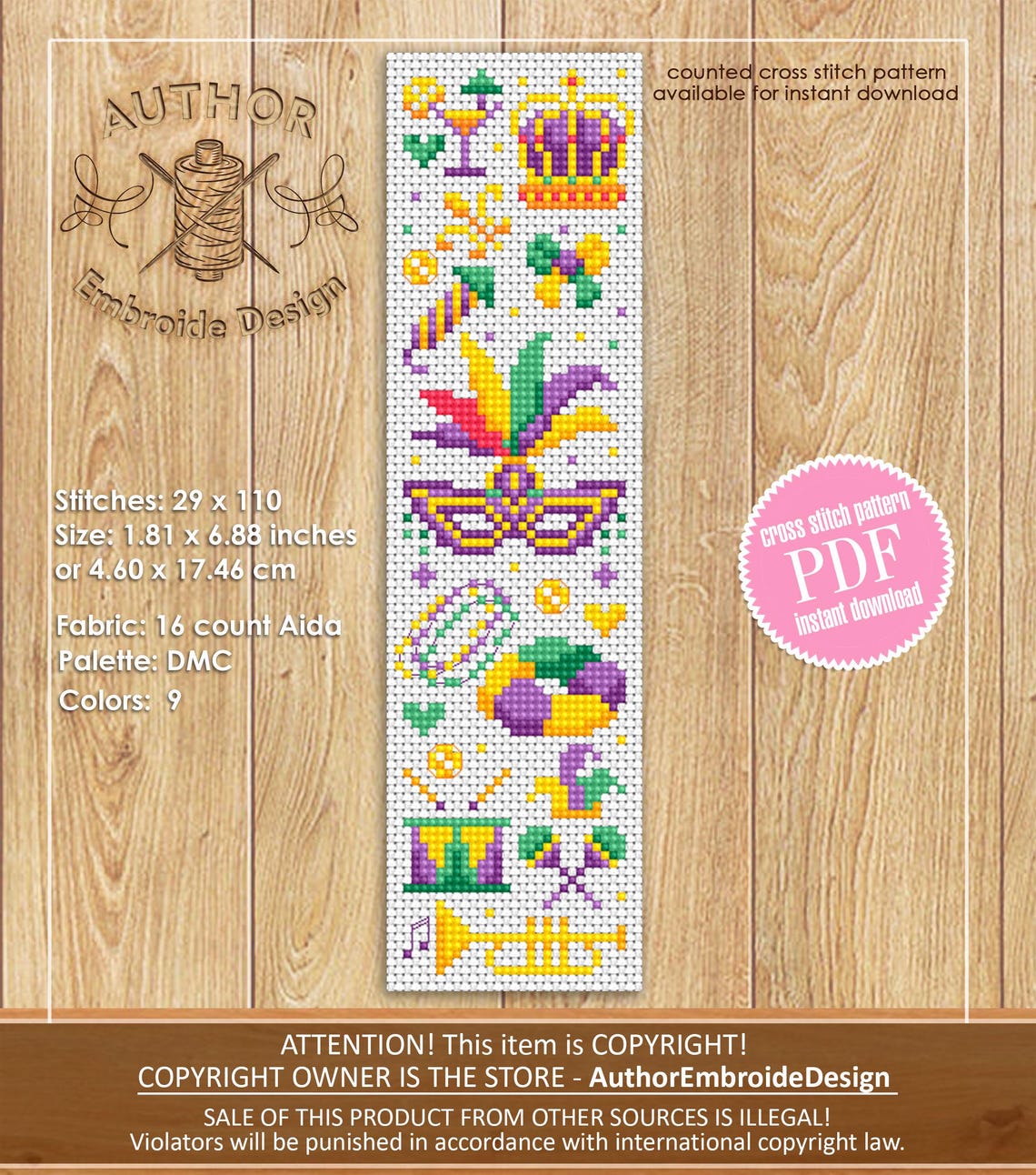 Mardi Gras Bookmark Cross Stitch Pattern PDF Download Carnival Mask ...