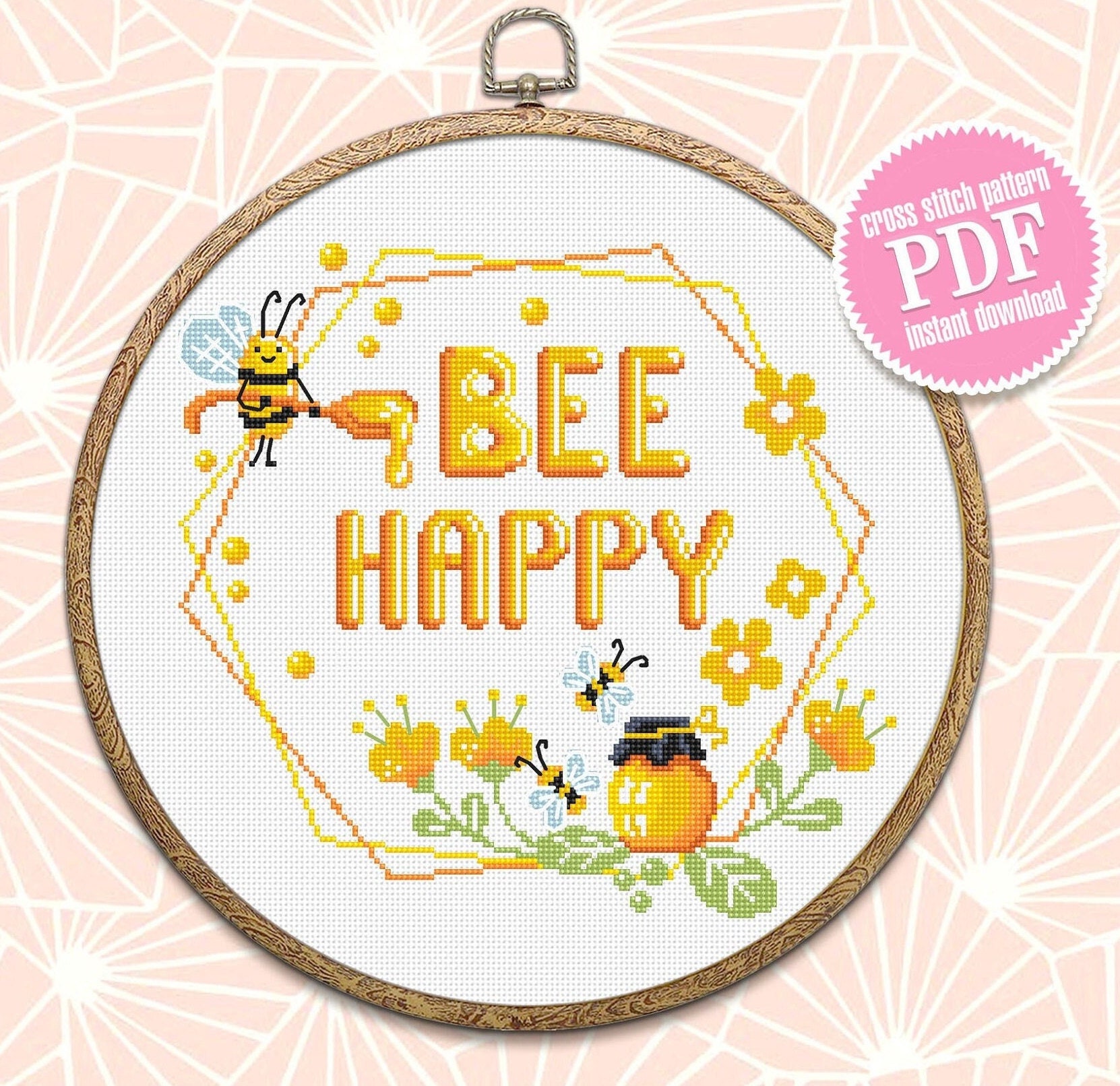 Honey Bee Cross Stitch Digital PDF Pattern Bee Happy Cross Stitch Quote ...
