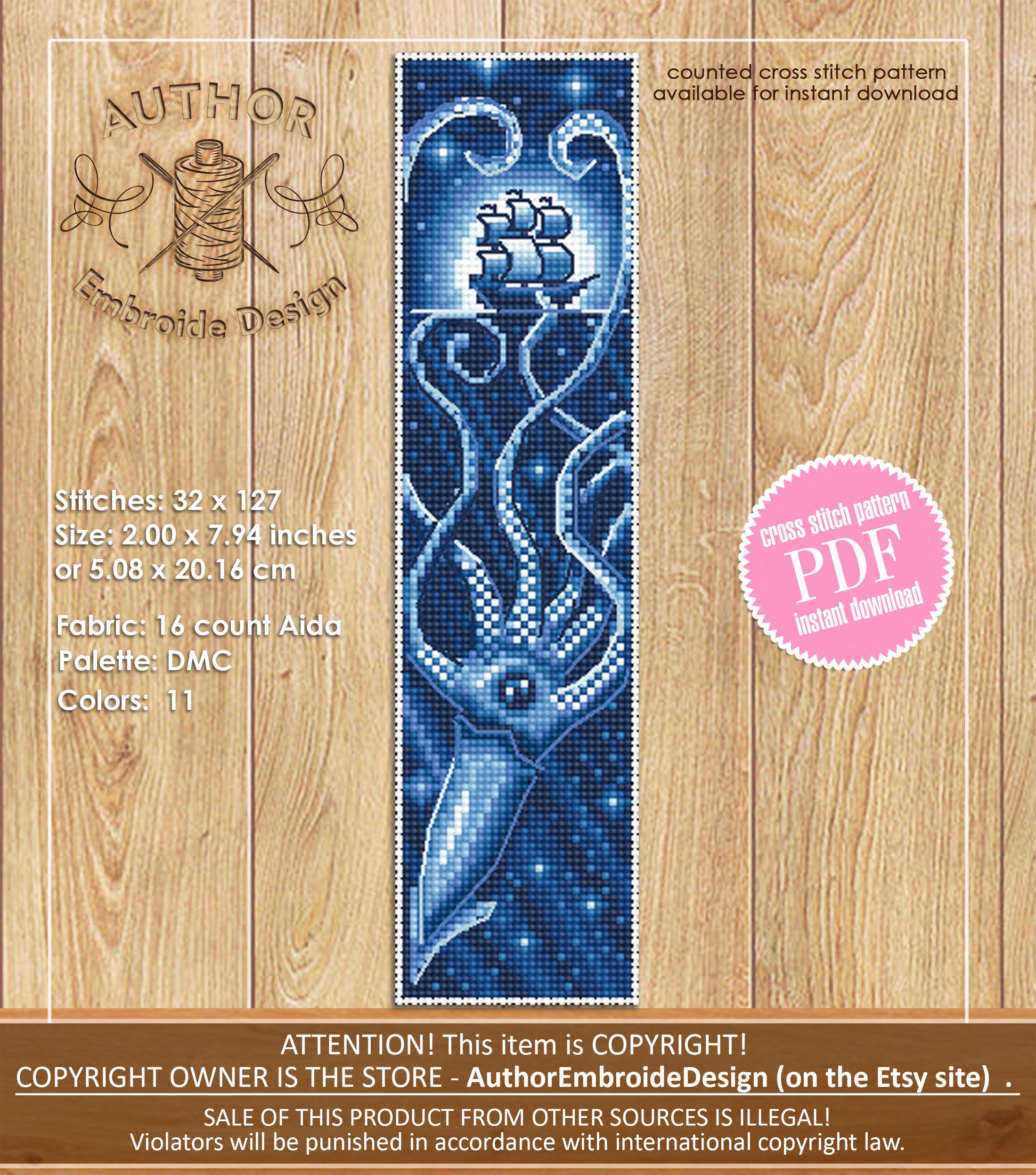 Kraken Bookmark Cross Stitch Pattern Download PDF, Ocean Handmade ...