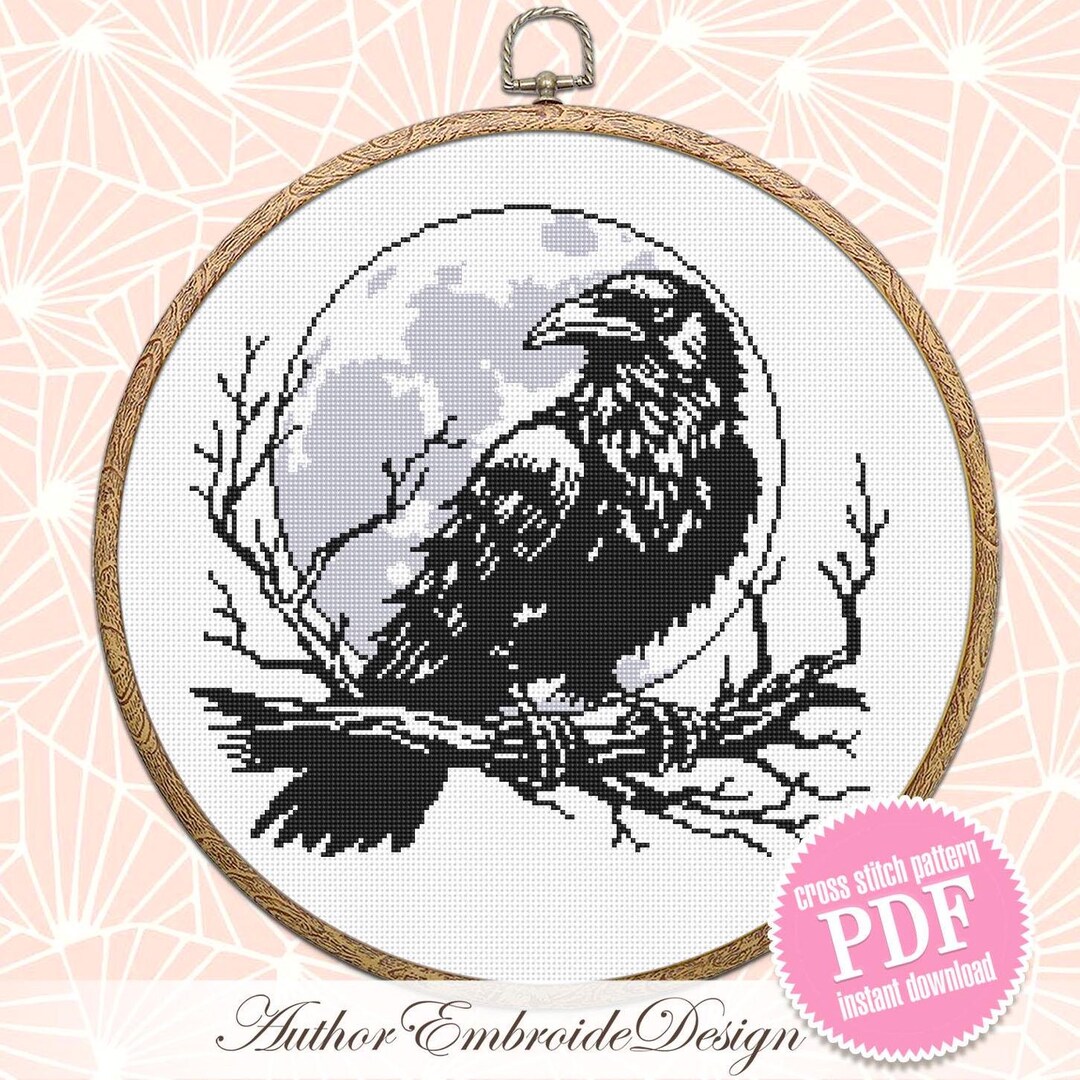 Raven Cross Stitch Pattern PDF Download Woodcut Crow Cross Stitch Chart ...
