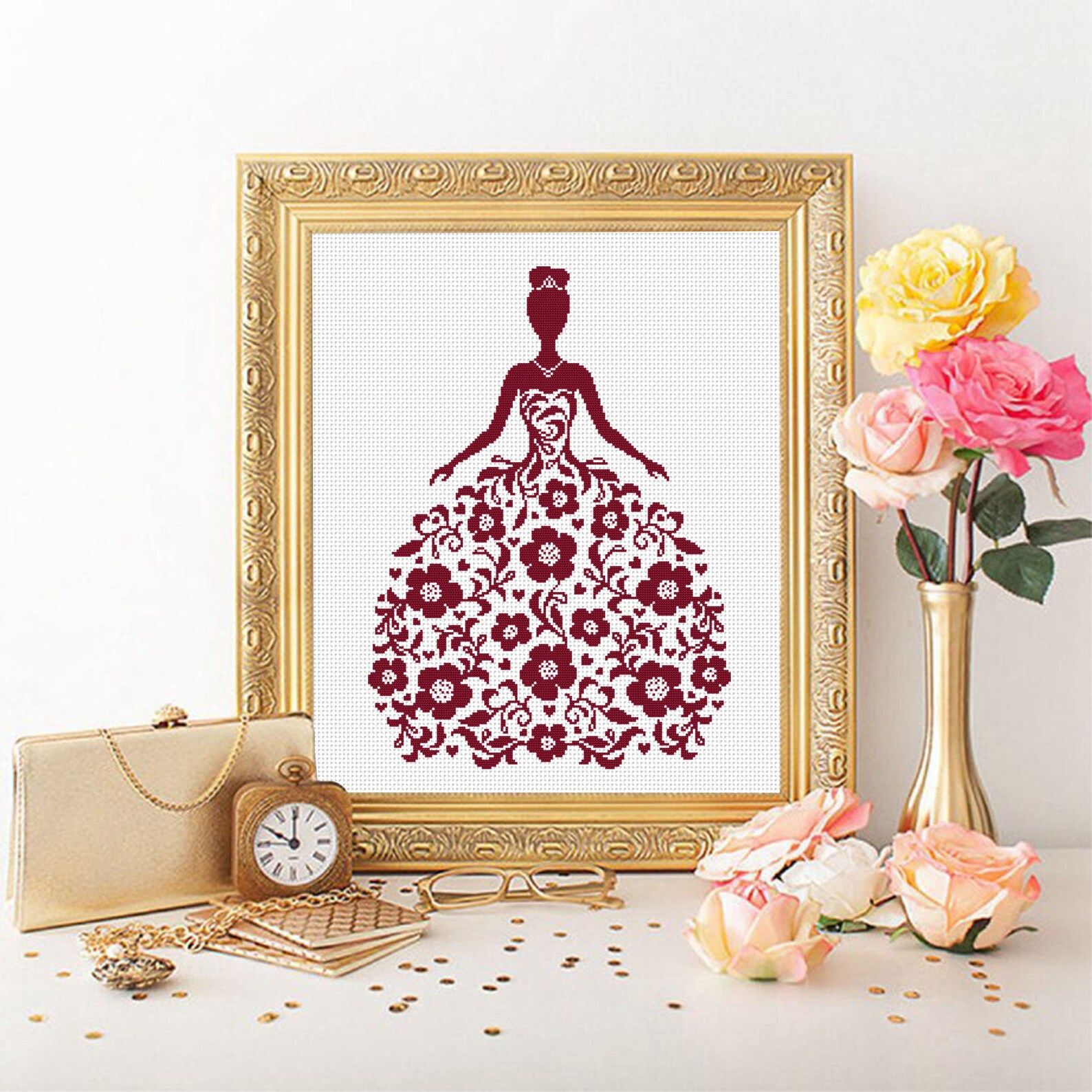 Wedding Dress Cross Stitch Pattern Download PDF Silhouette Bride Cross ...